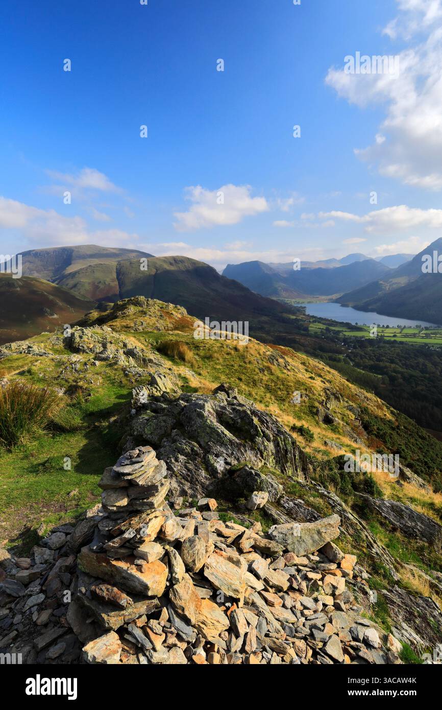 View of the summit cairn of Rannerdale Knotts fell above Crummock Water ...