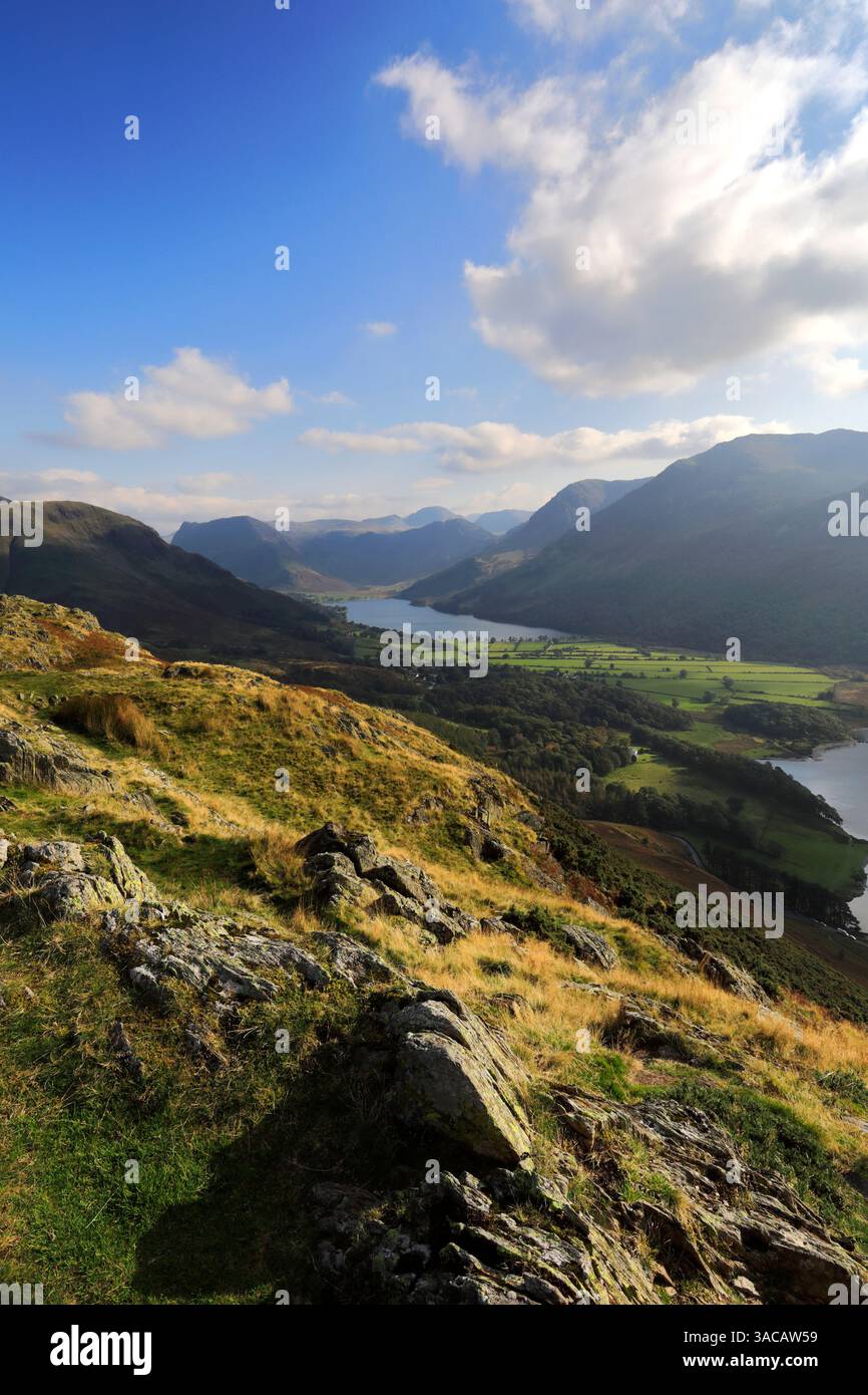 View of the summit cairn of Rannerdale Knotts fell above Crummock Water ...