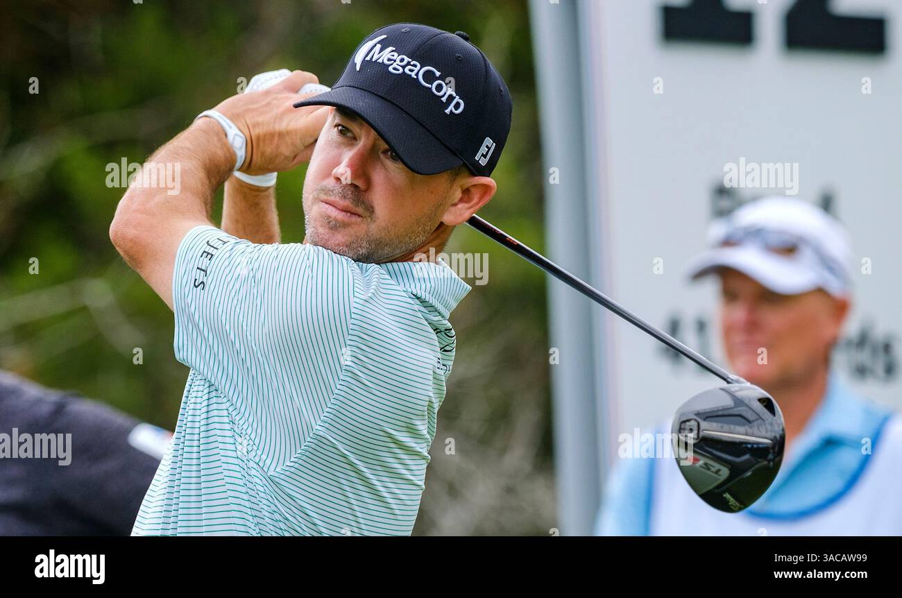 Brian Harman tees off on the 10th hole during the first round of the ...