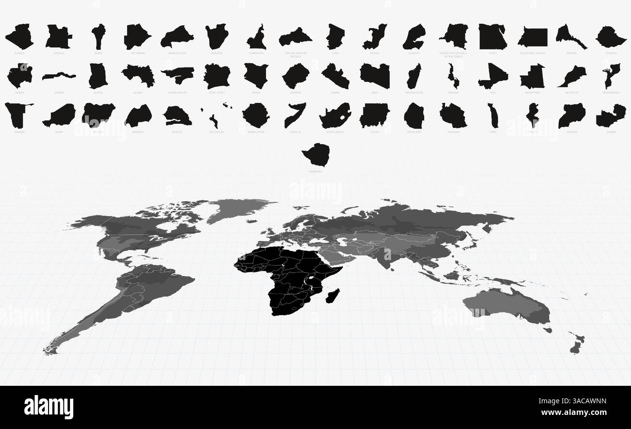 Black Maps of African Nations on a Highlighted Global Map. Big Maps ...