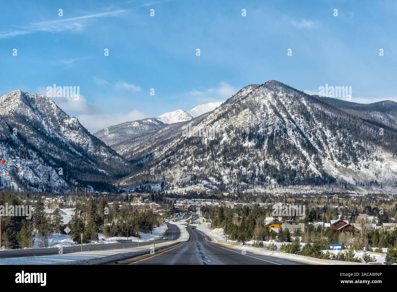 Frisco, Colorado snow capped rocky mountains peaks and cityscape in ...