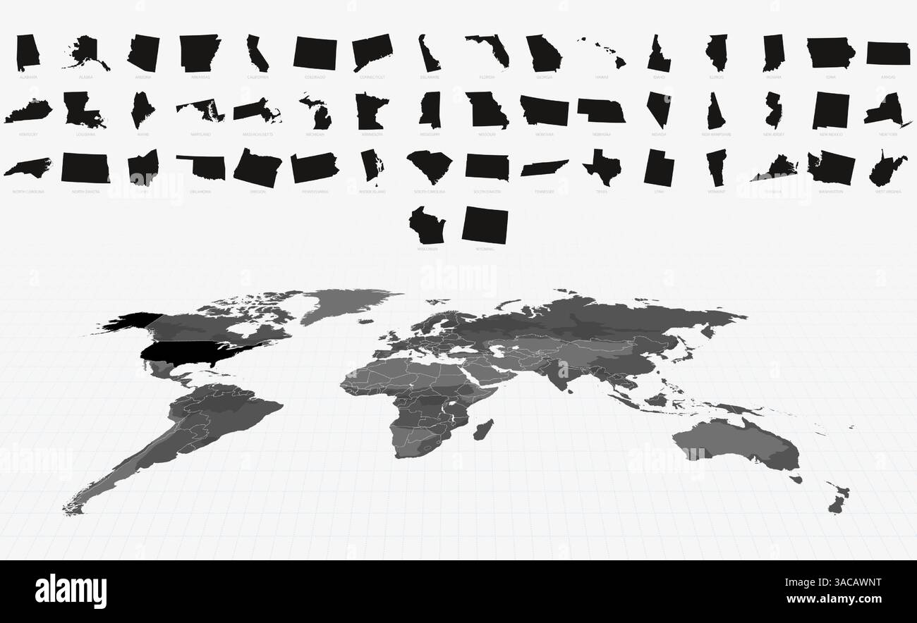 Black Maps of US States on a Highlighted Global Map. Big Maps ...