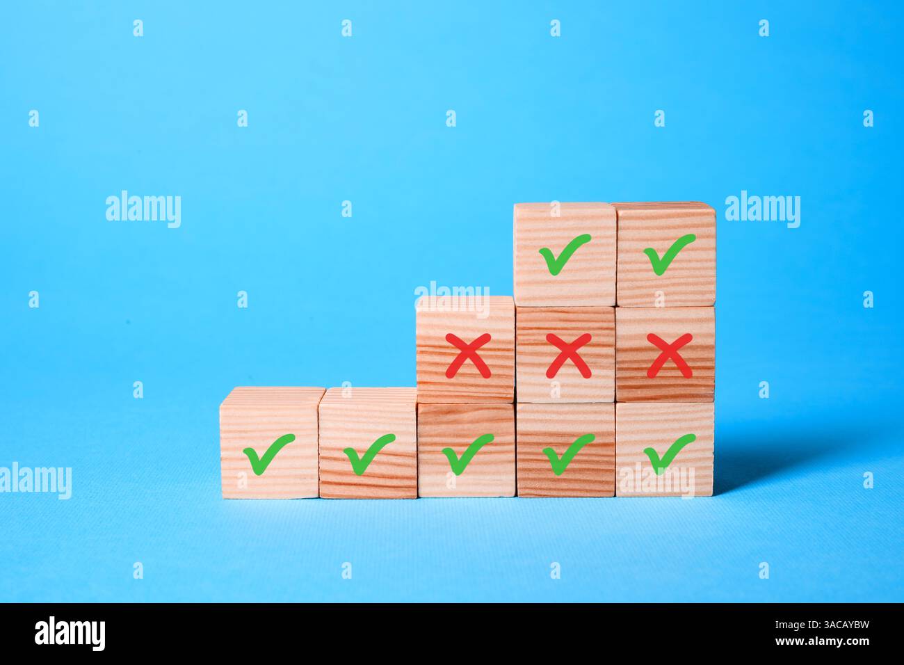 Approve of reject. Wooden cubes with check and cross marks on light ...