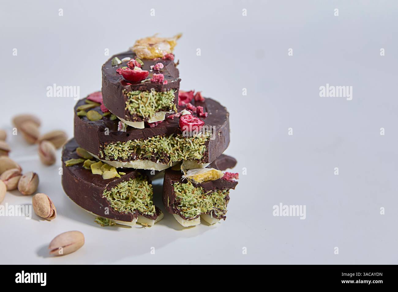 Dubai chocolate. Gourmet dark chocolate indulgence, topped with vibrant ...