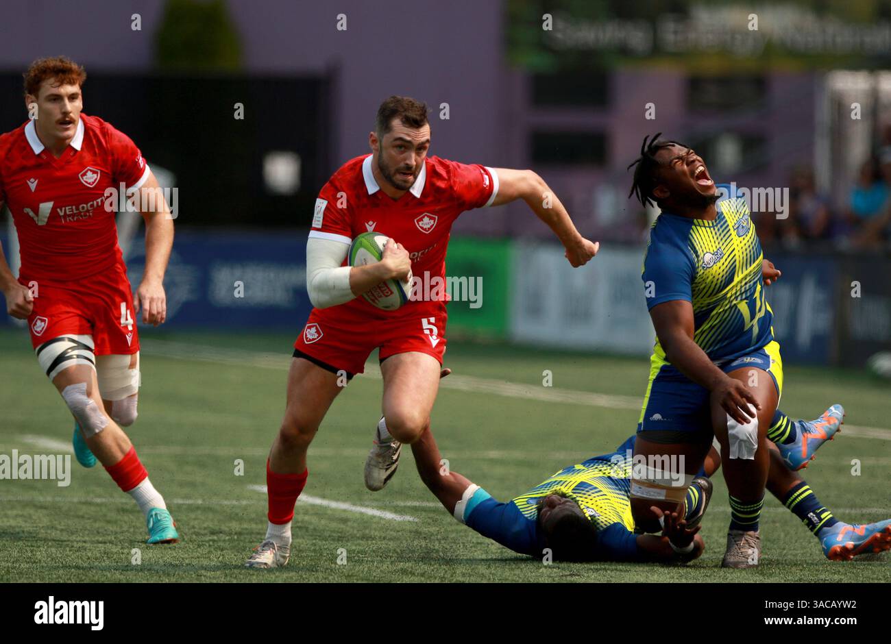 Langford, Canada. 19th Aug, 2023. Canada's Alex Russell finds an ...