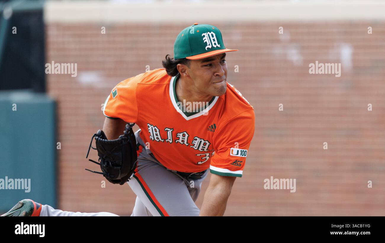 Miami's Michael Fernandez (39) pitches during an NCAA baseball game on ...