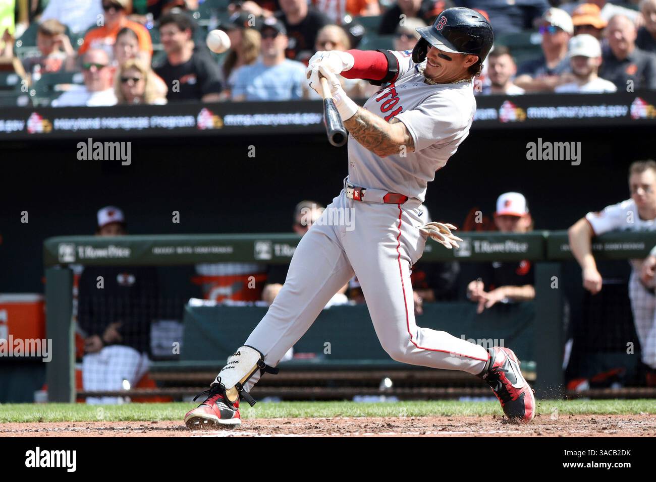 Boston Red Sox outfielder Jarren Duran lines out during the seventh inning of a baseball game ...