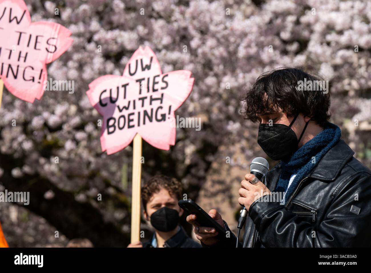 Seattle, USA. 3rd Apr 2025. Amongs the Cherry Blossoms a protest ...