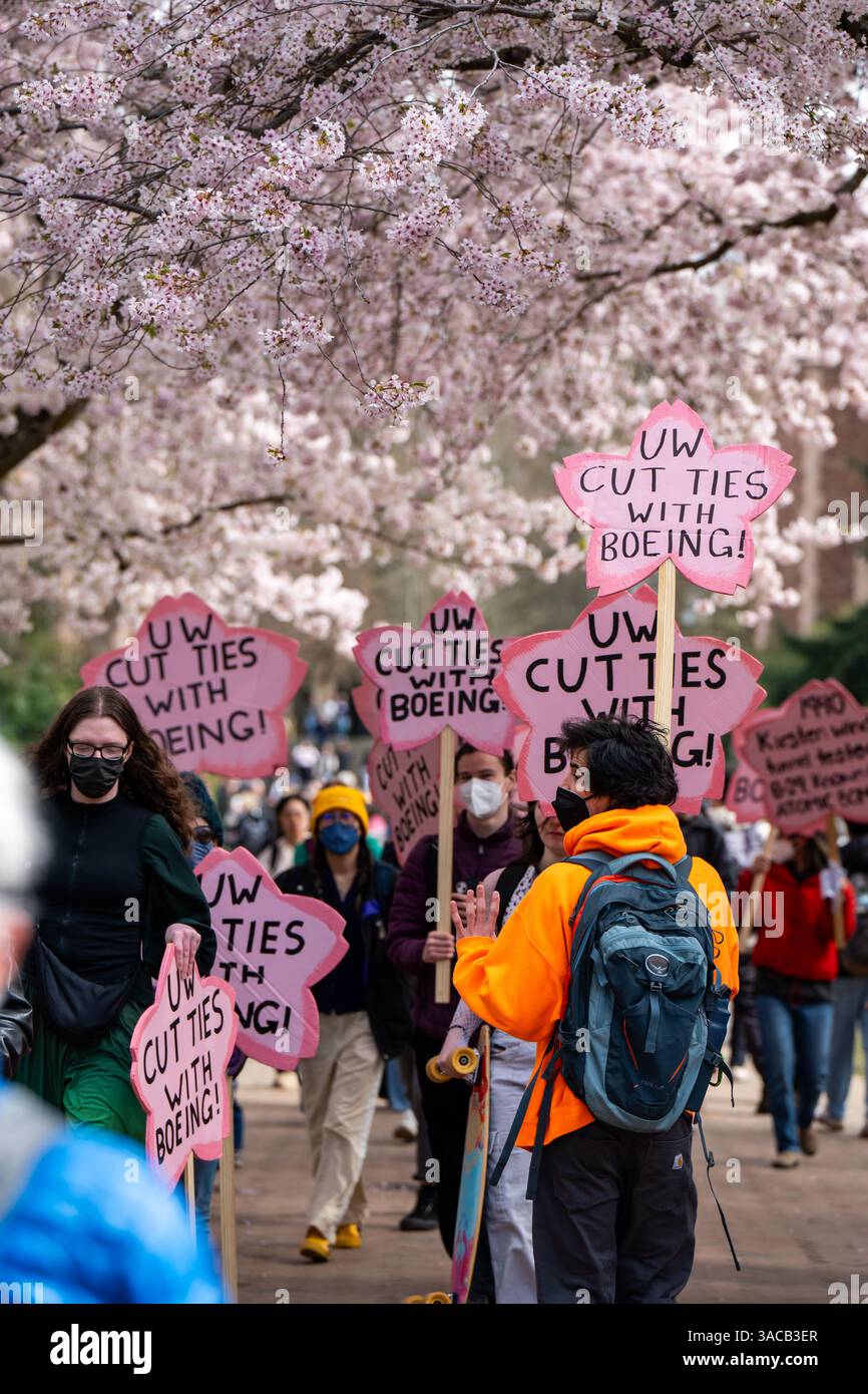 Seattle, USA. 3rd Apr 2025. Amongs the Cherry Blossoms a protest ...