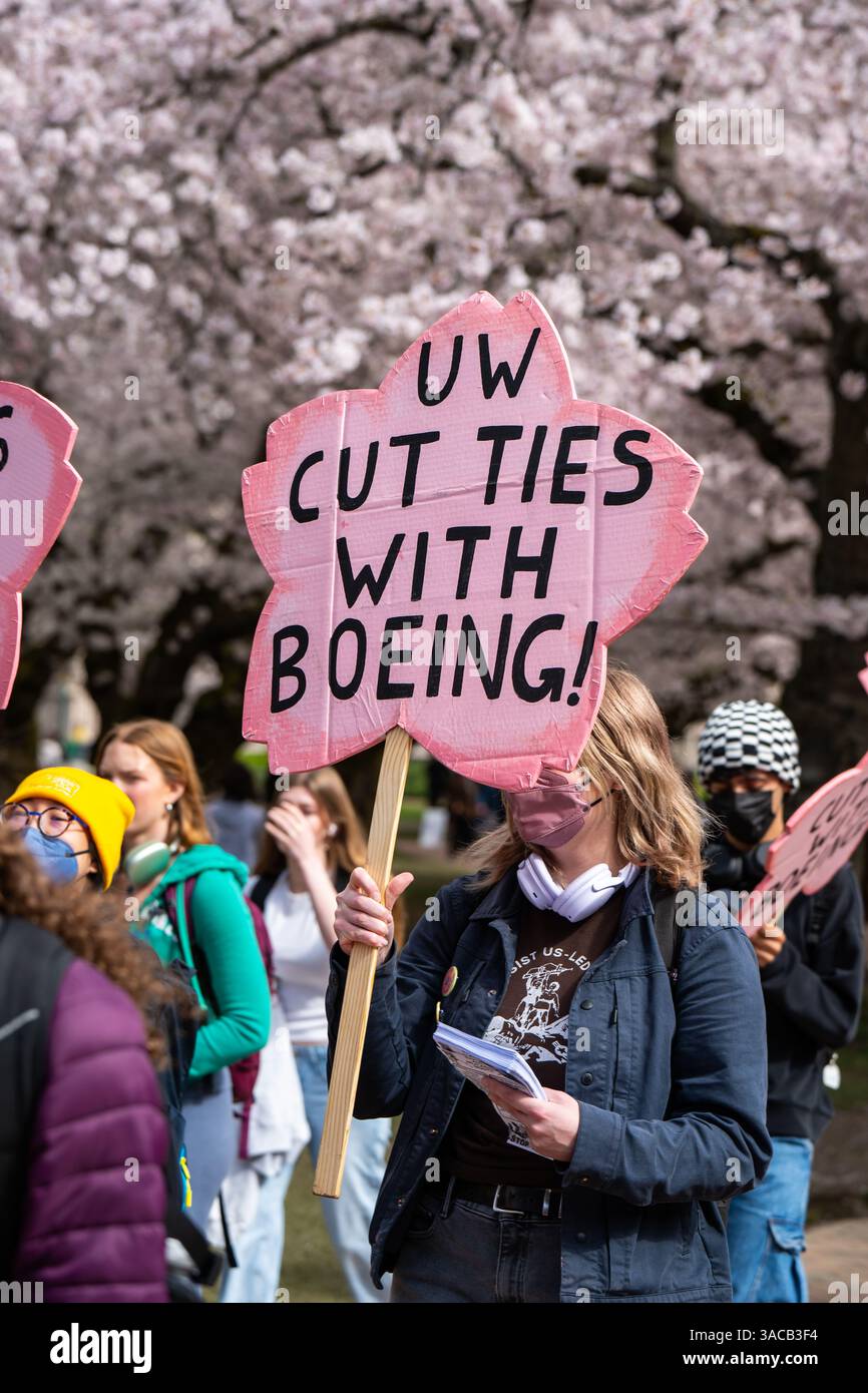 Seattle, USA. 3rd Apr 2025. Amongs the Cherry Blossoms a protest ...