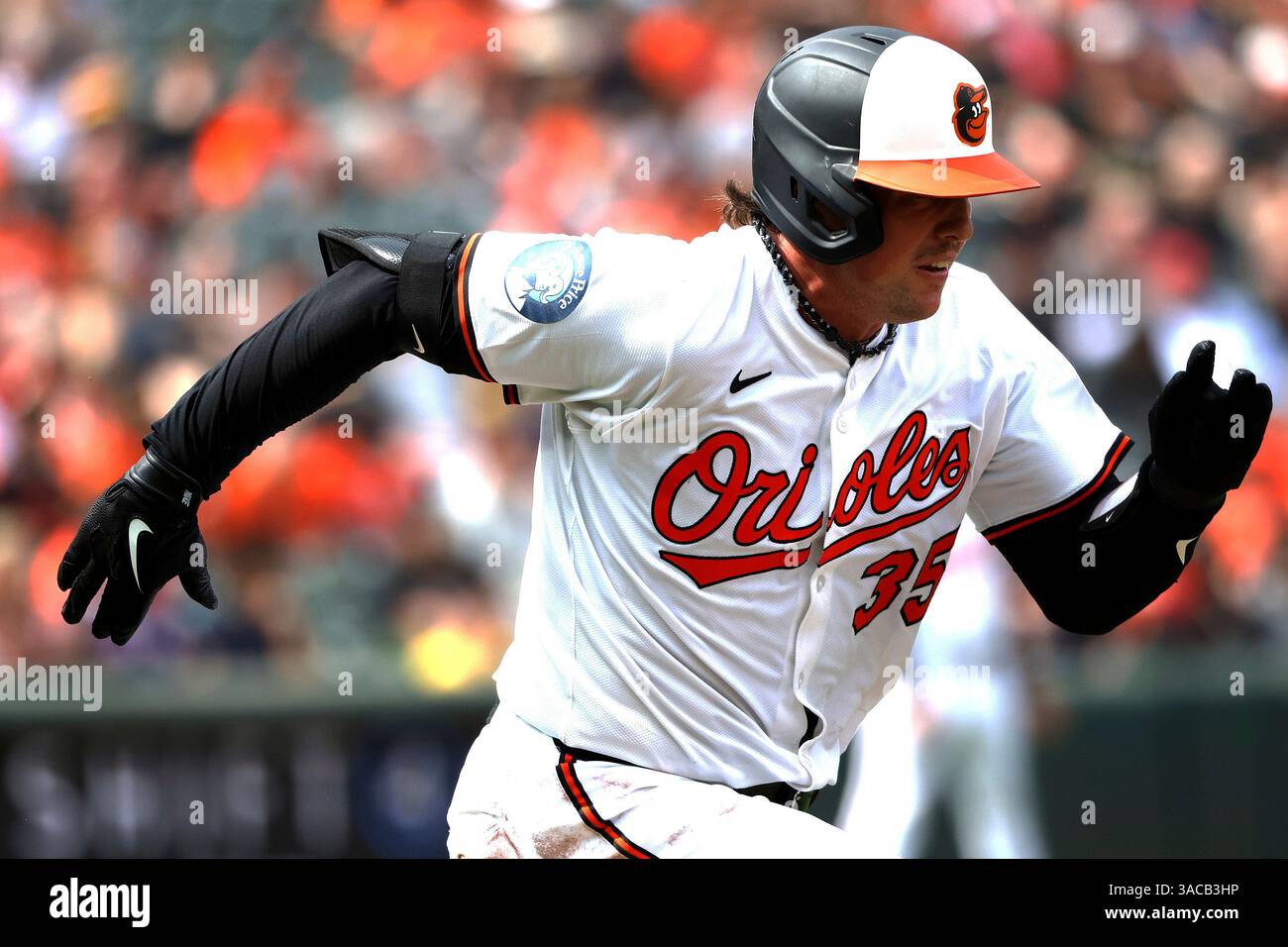 Baltimore Orioles' Adley Rutschman runs to first base during the fifth ...