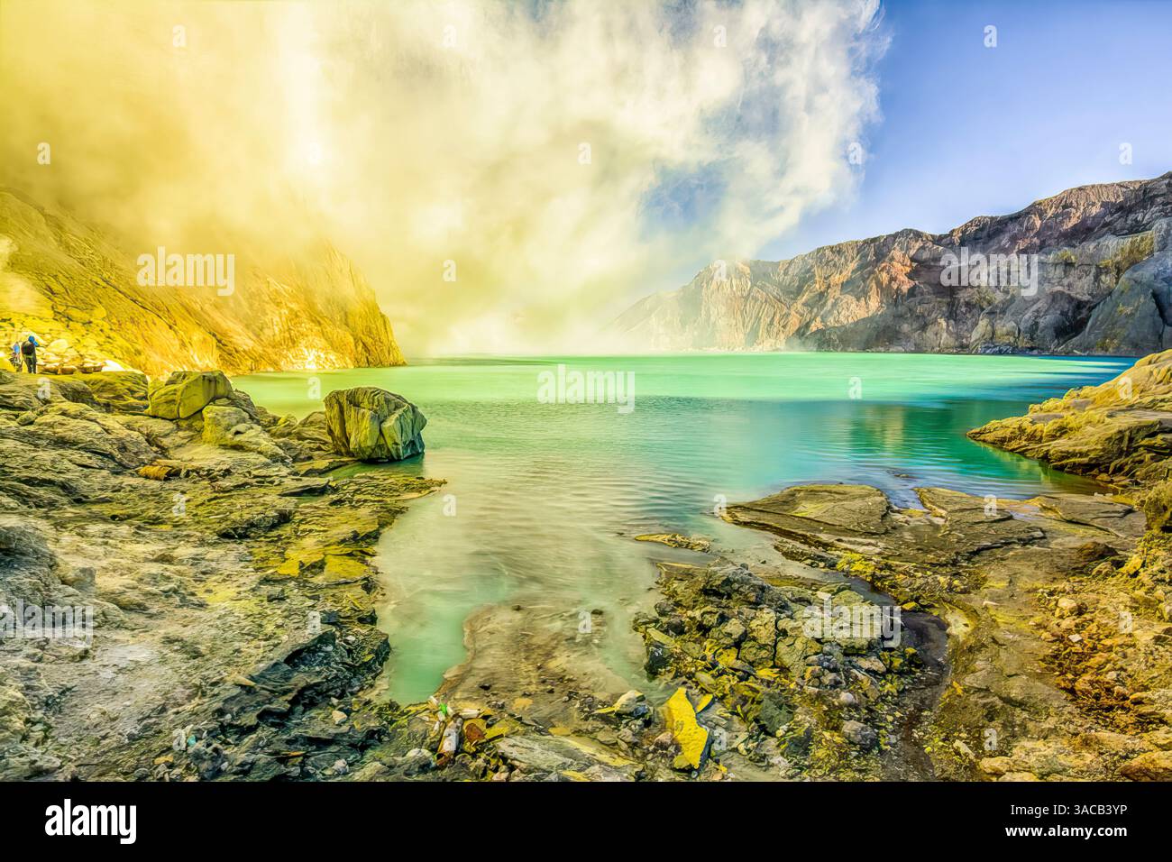 Java, Indonesia. Wide angle landscape view of crater lake in the cone ...