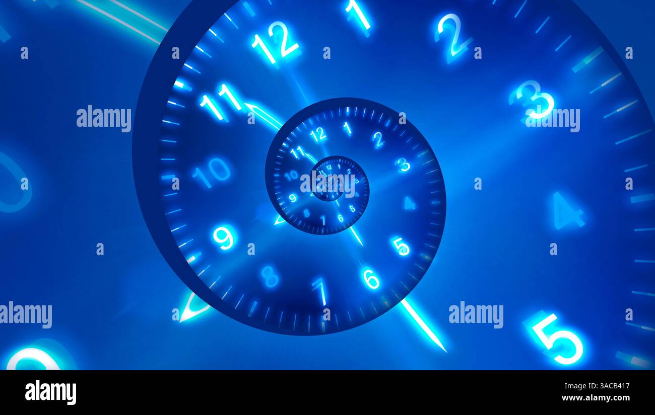 Clock face twisted in spiral on blue background. Time concept Stock ...