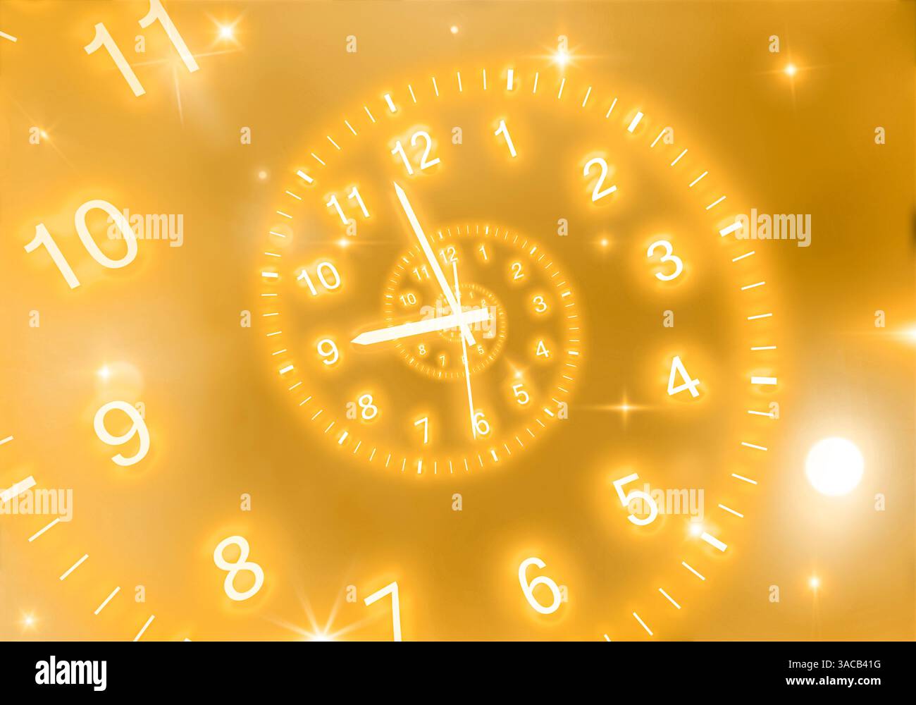 Clock face twisted in spiral on golden background. Time concept Stock ...