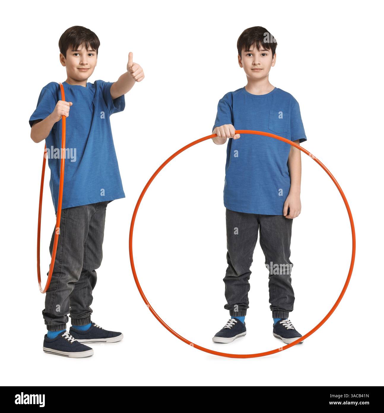 Cute boy with hula hoop on white background, collage Stock Photo - Alamy