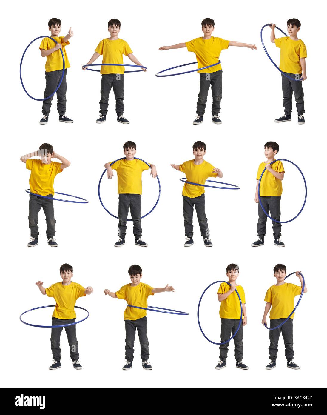 Cute boy with hula hoop on white background. Collage of photos Stock ...