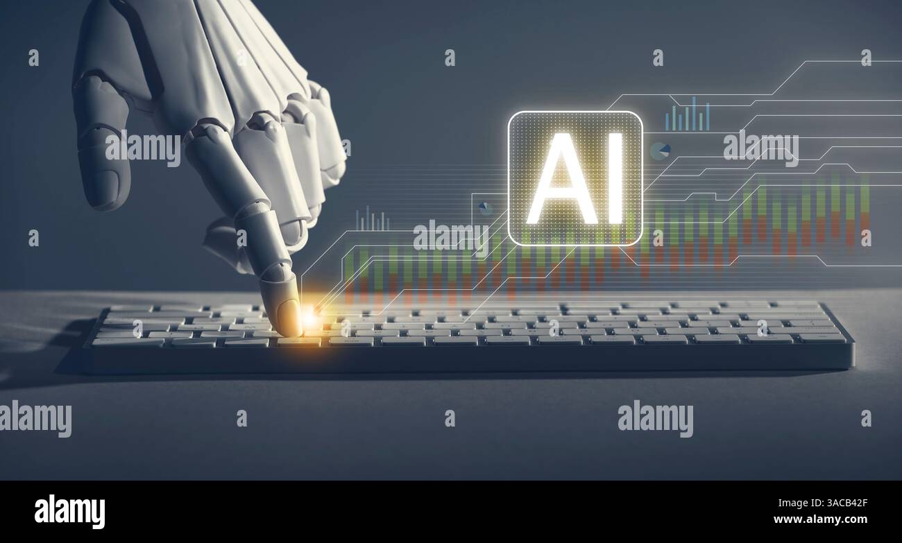 Artificial intelligence. Robot hand pressing button on computer keyboard. Virtual abbreviation ...