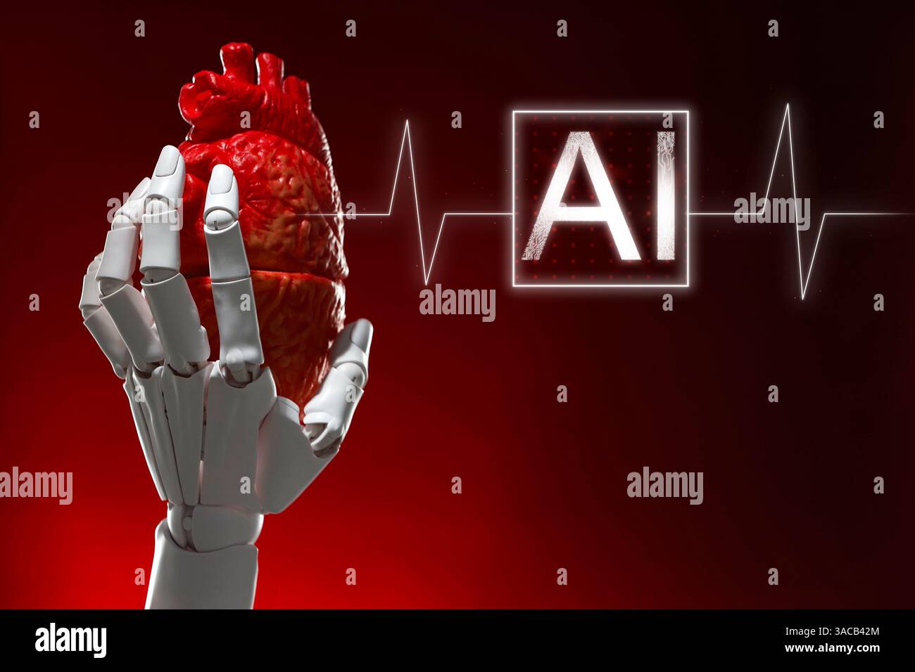 Artificial intelligence. Robot hand holding model of human heart on red ...