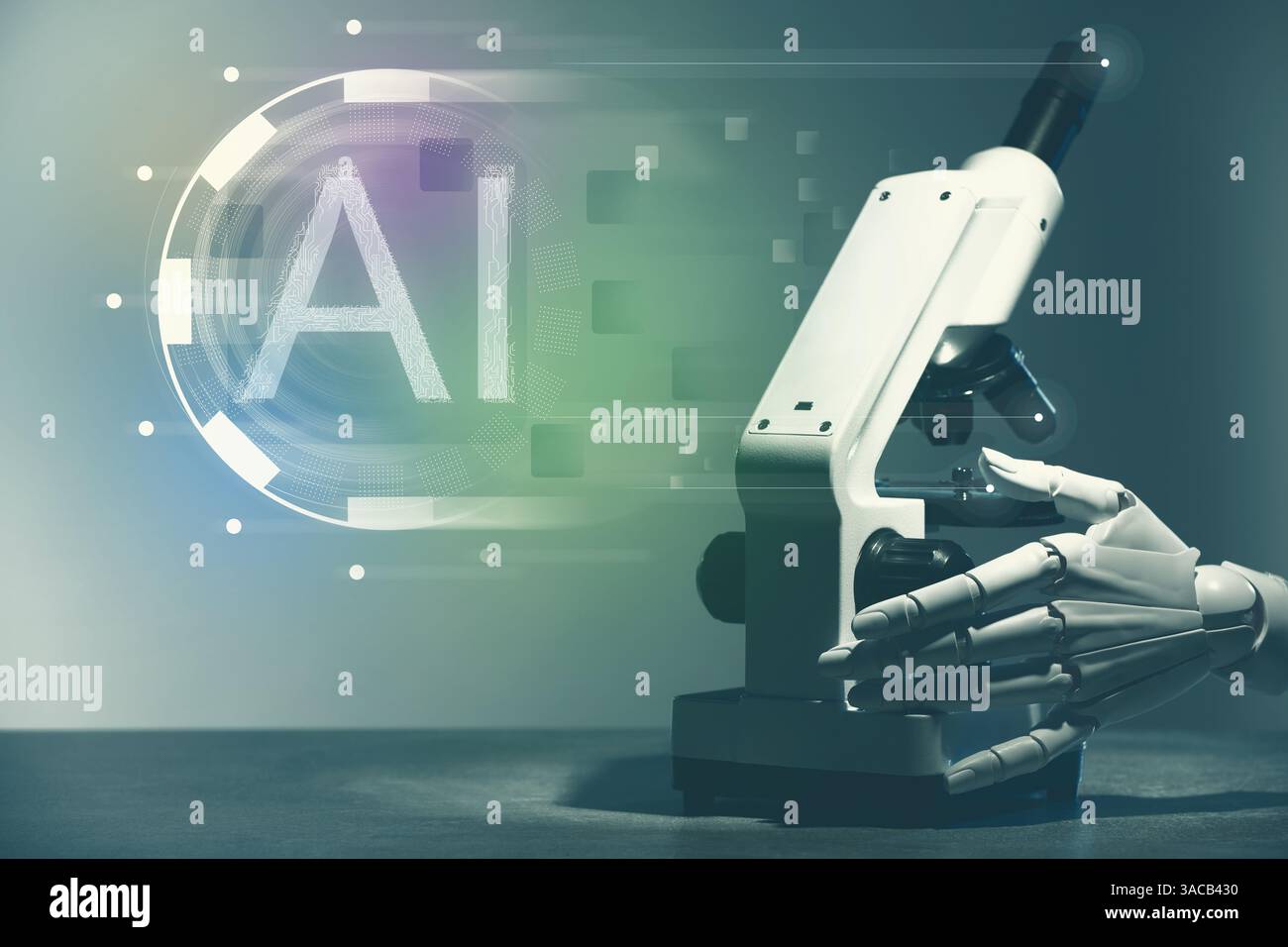 Artificial intelligence. Robot hand and microscope, color toned ...
