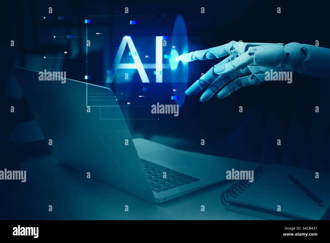 Artificial intelligence. Robot hand touching virtual screen over laptop ...