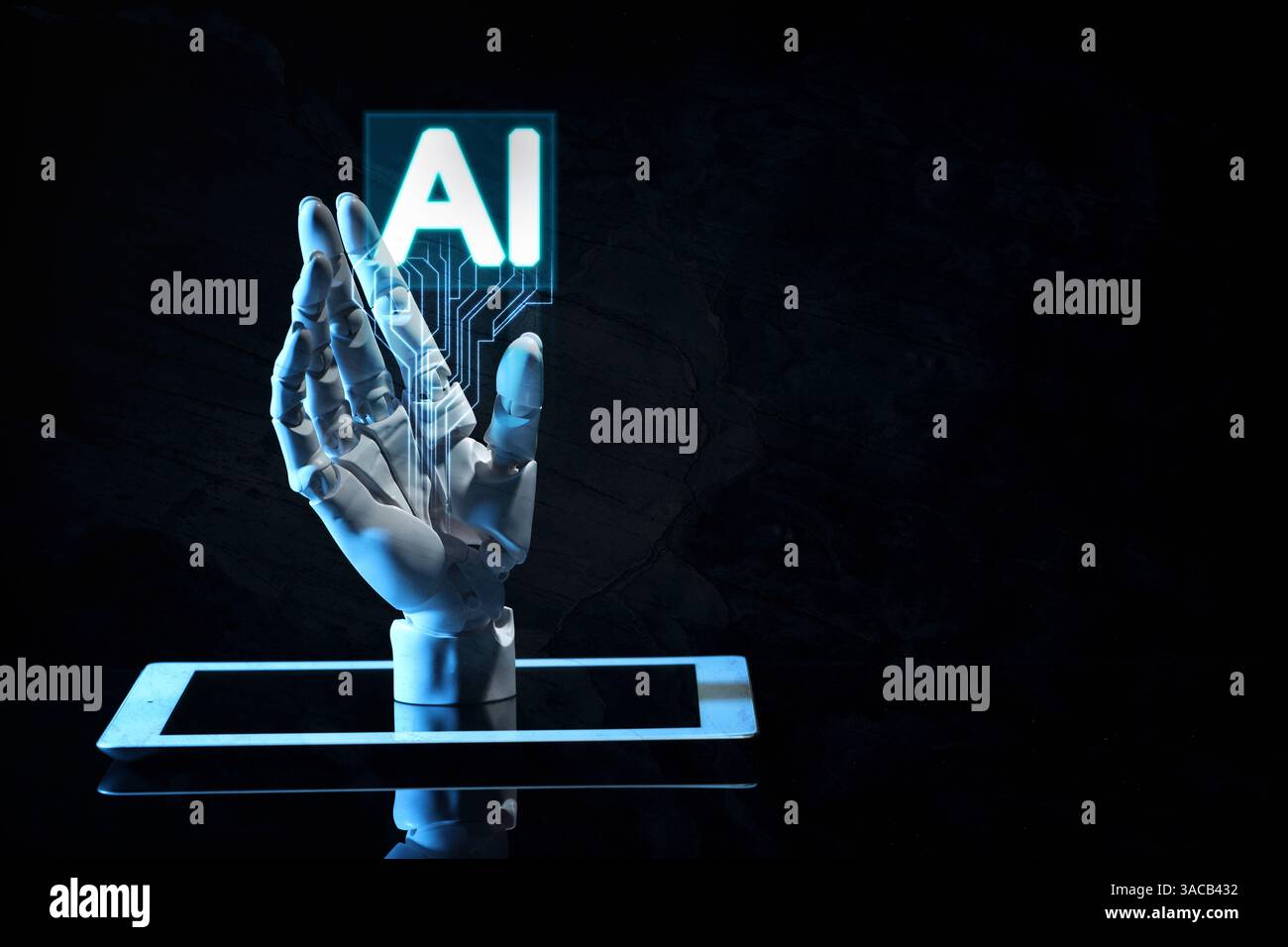 Artificial intelligence. Robot hand with AI chip and tablet on black ...