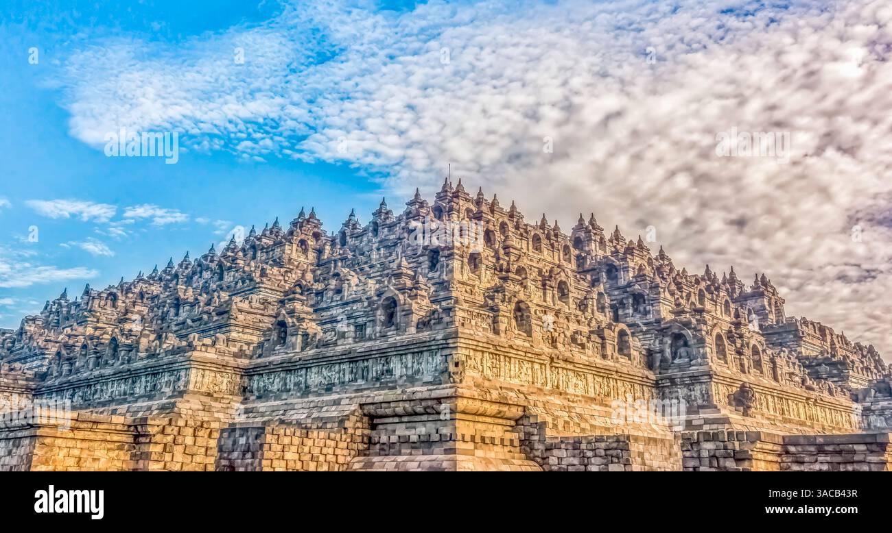 Java, Indonesia. Panorama view of Borobudur Temple, the largest ...