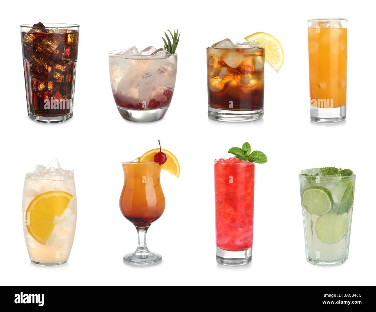 Different refreshing drinks with ice cubes isolated on white, set Stock ...