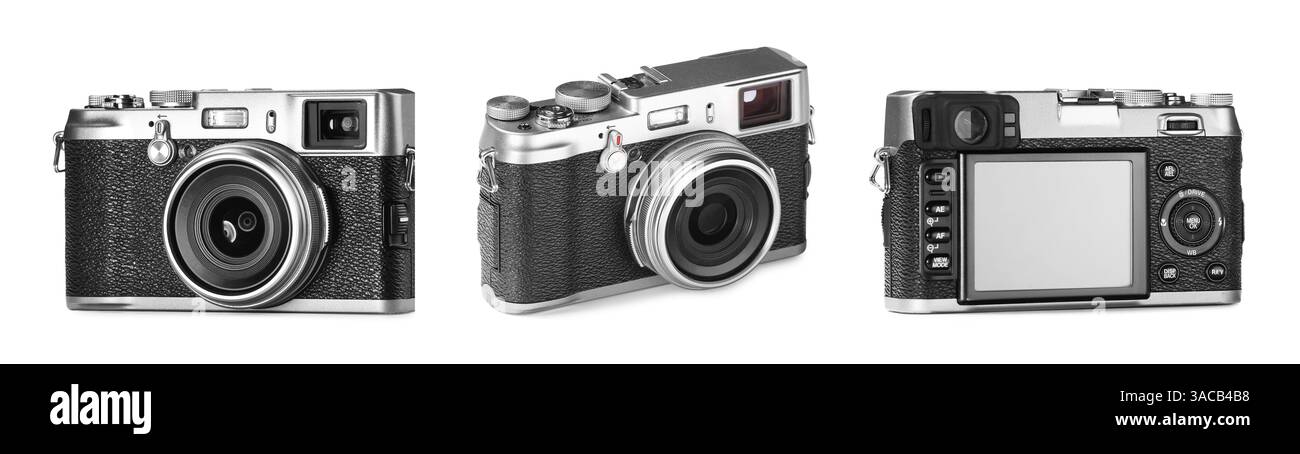 Modern photo camera in vintage style isolated on white, set. View from ...