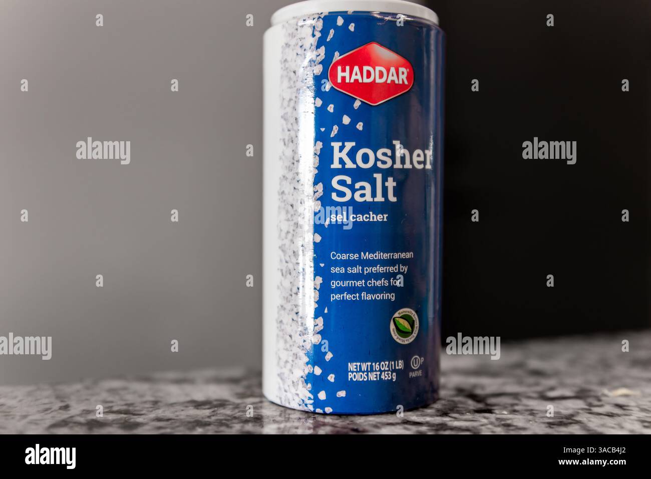 Avon, USA - February 7, 2023: Storebought kosher salt bottle sign text ...