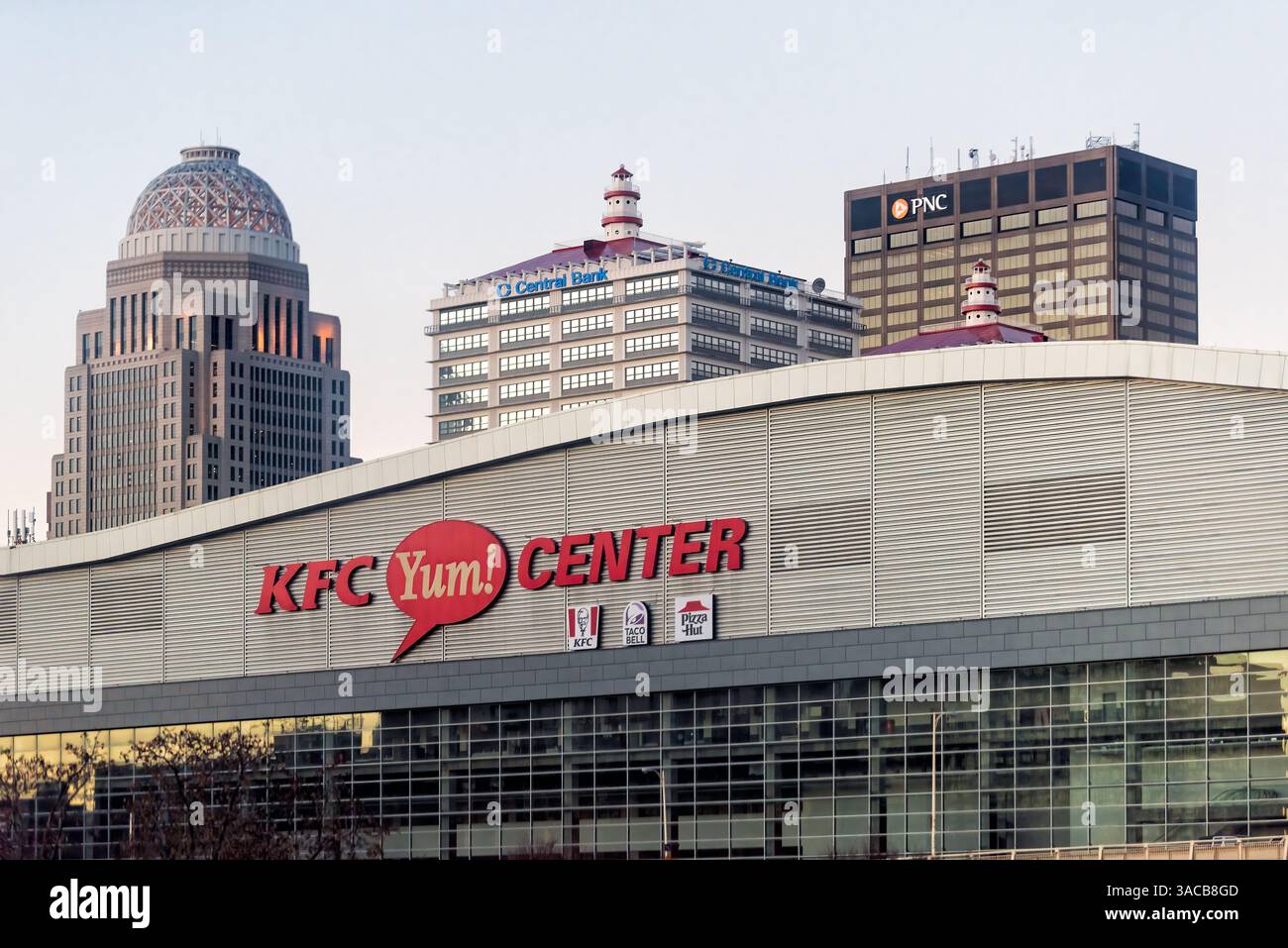 Louisville, USA - November 21, 2022: Kentucky city at sunrise sign for KFC Yum Center stadium ...