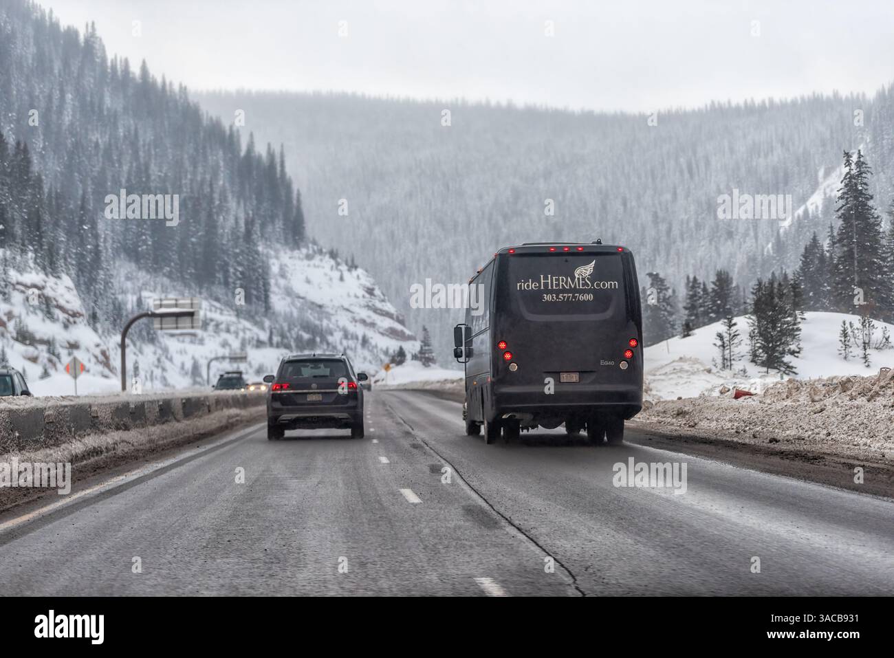 Vail, USA - December 16, 2022: Colorado winter highway road driving pov ...