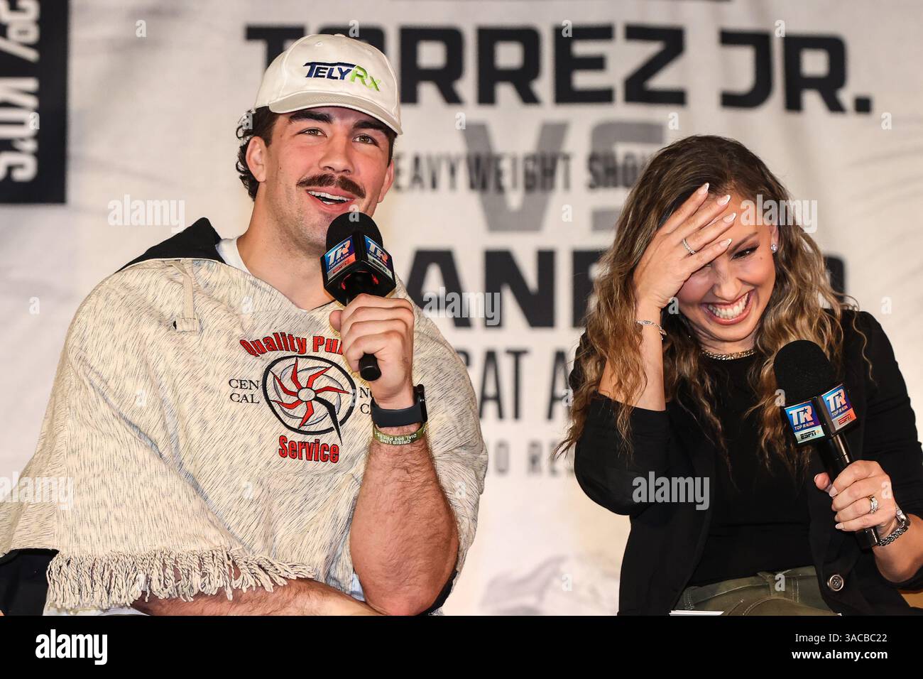 April 3, 2025: (R-L) Top Rank commentator Crystina Poncher interviews ...