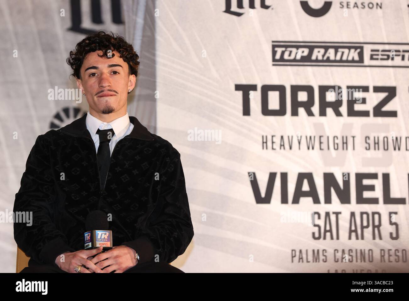 Las Vegas, NV, USA. 3rd Apr, 2025. Steven Navarro speaks to media ...