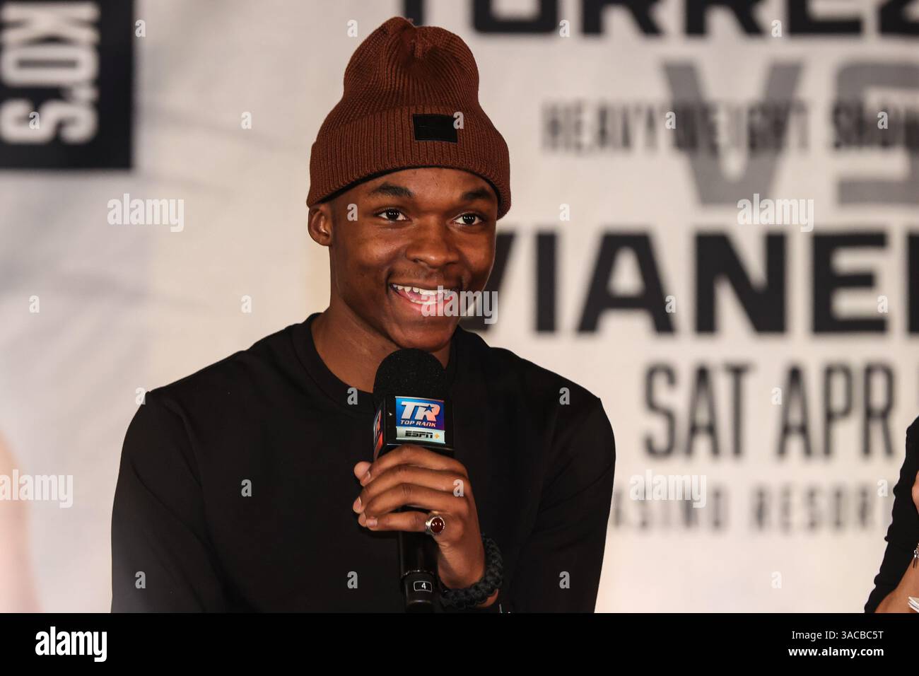Las Vegas, NV, USA. 3rd Apr, 2025. Abdullah Mason answers questions ...