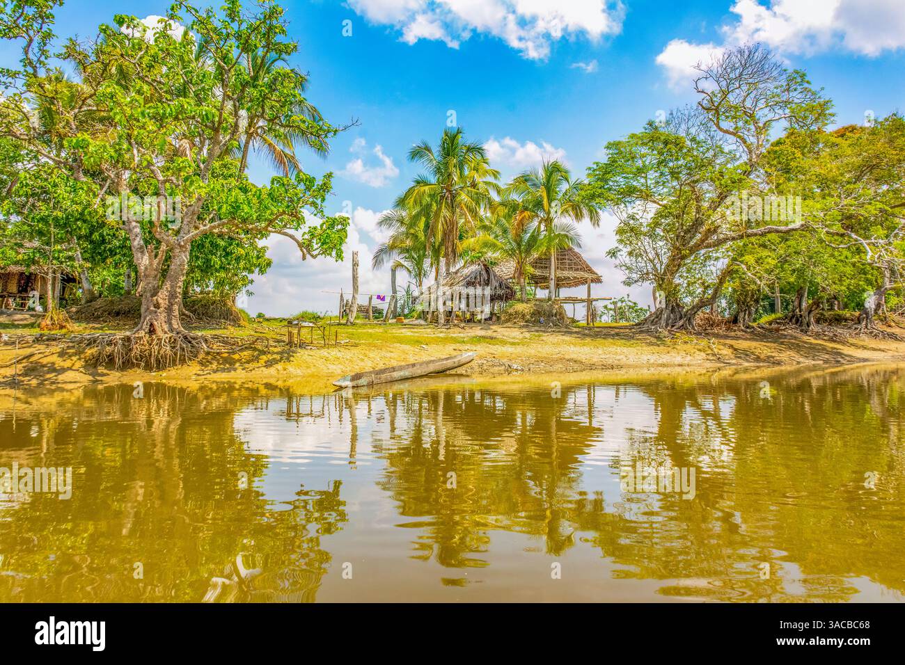Sepik River, Papua New Guinea. Landscape view of a homestead and sandy ...