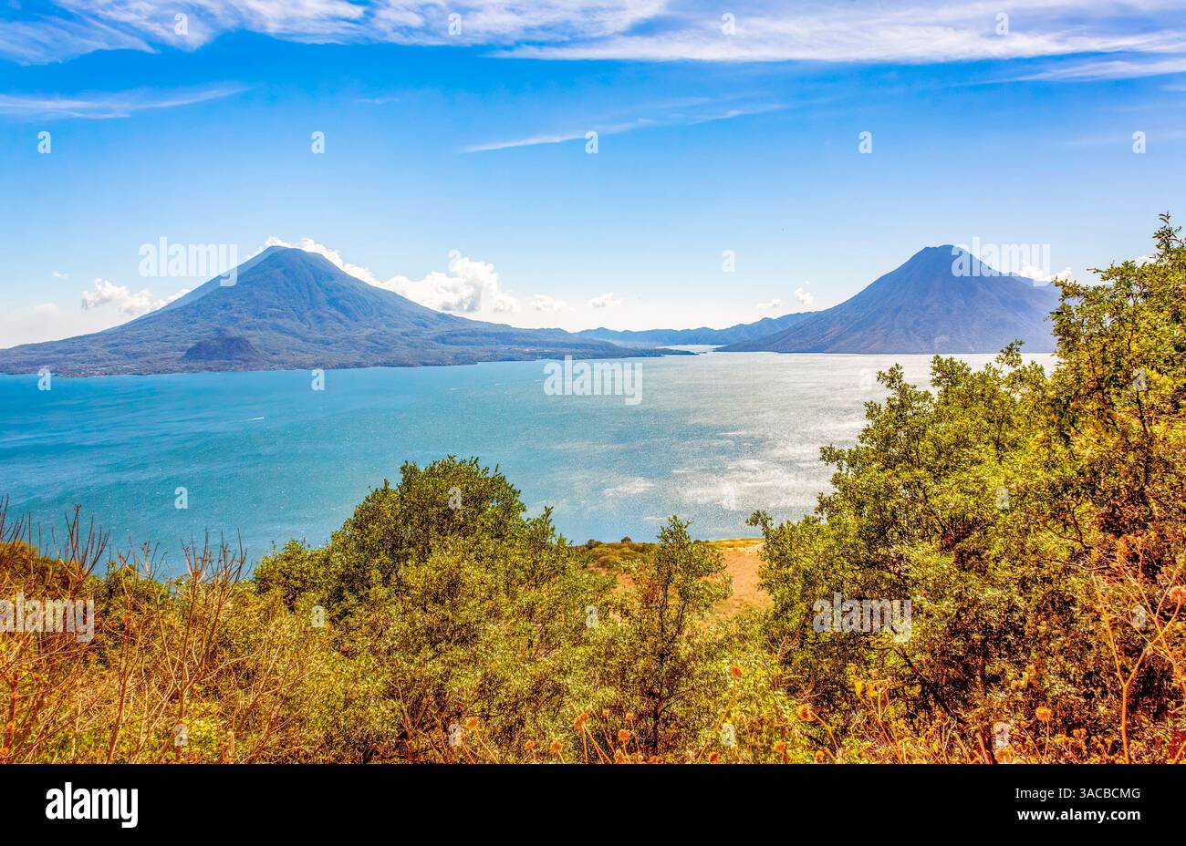 Solola Department, Guatemala. Panoramic view of Lake Atitlan surrounded ...