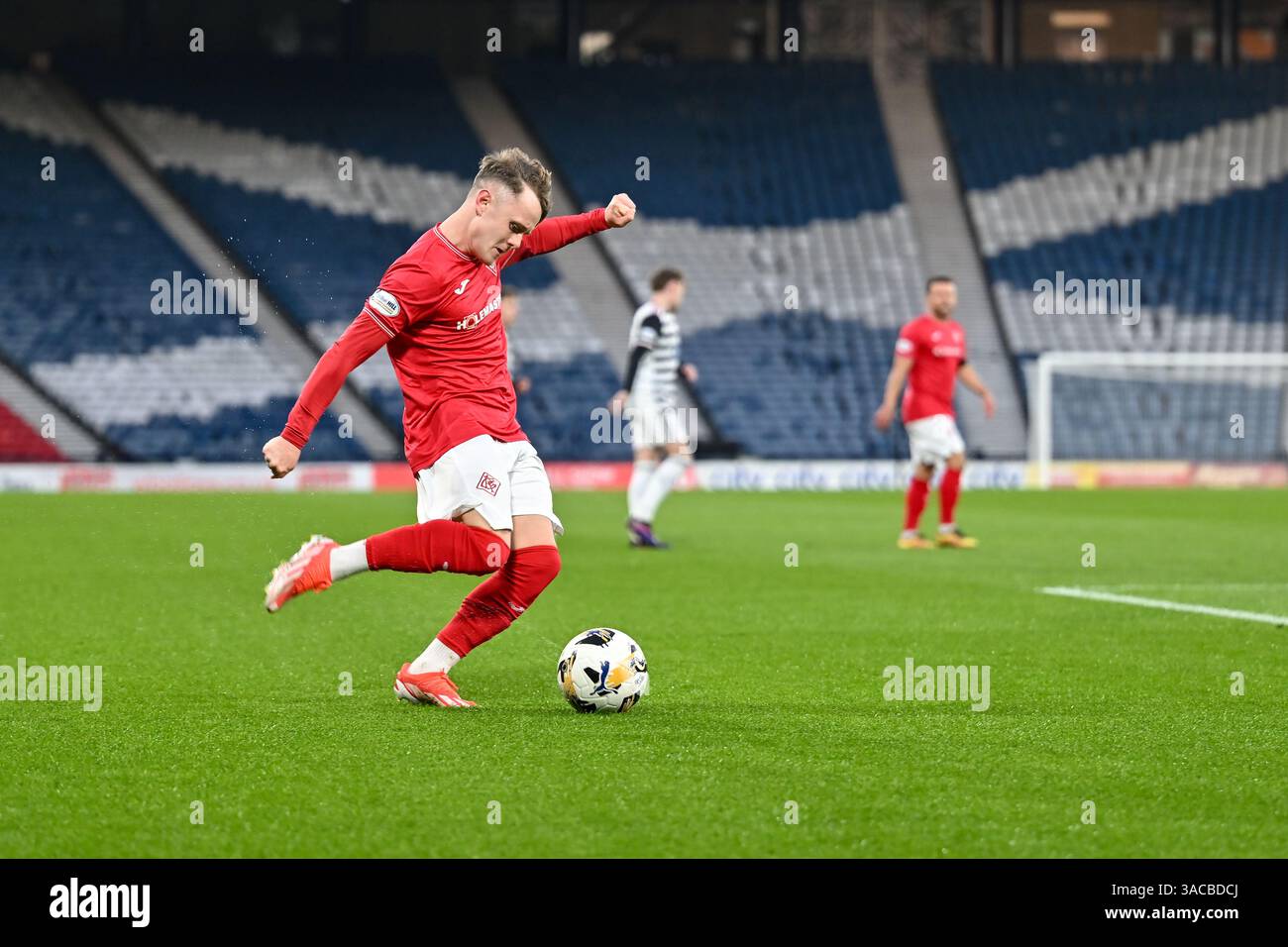 Glasgow, Scotland, UK. 2nd April, 2025. Liam Stravick of Airdrieonians during the William Hill ...