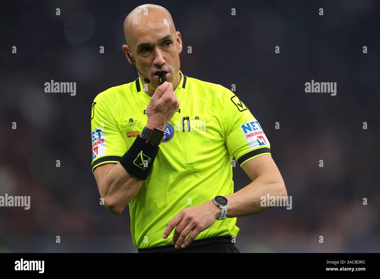 Milan, Italy, 2nd April 2025. The Referee Michael Fabbri reacts during ...
