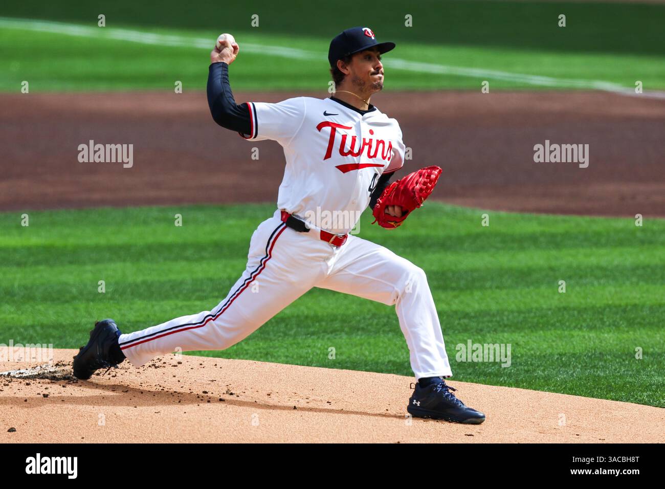 Minneapolis. 3rd Apr, 2025. Minnesota Twins starting pitcher Joe Ryan (41) pitches during a ...