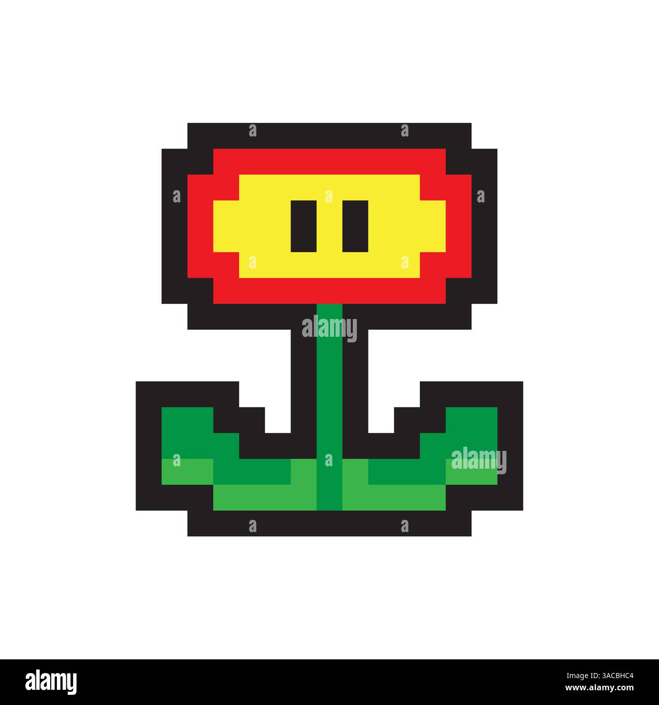 Pixel flower icon. Retro bloom shape. Vector green stem. Bright red ...