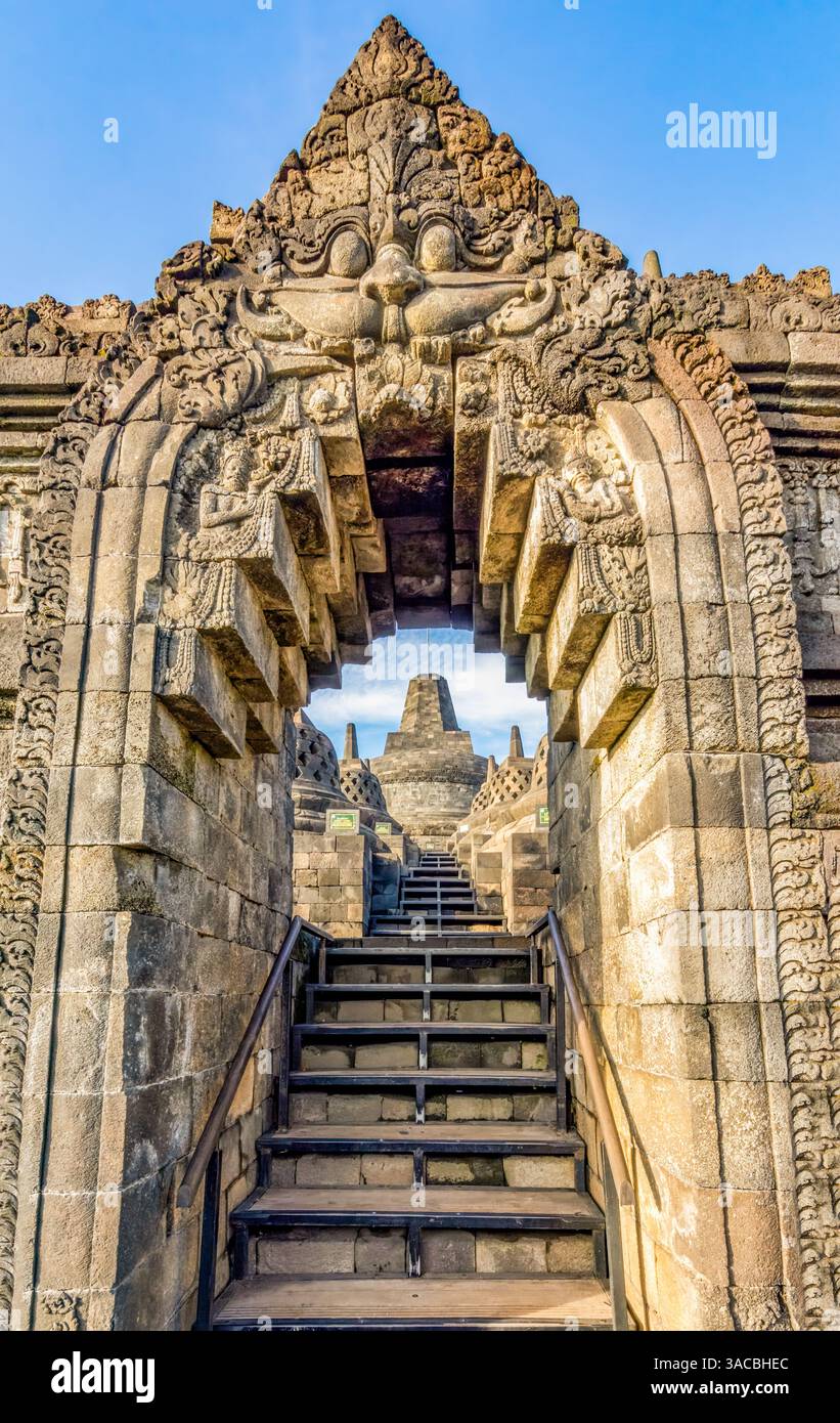 Borobudur Temple, Java, Indonesia. Close-up of carved stone archway ...
