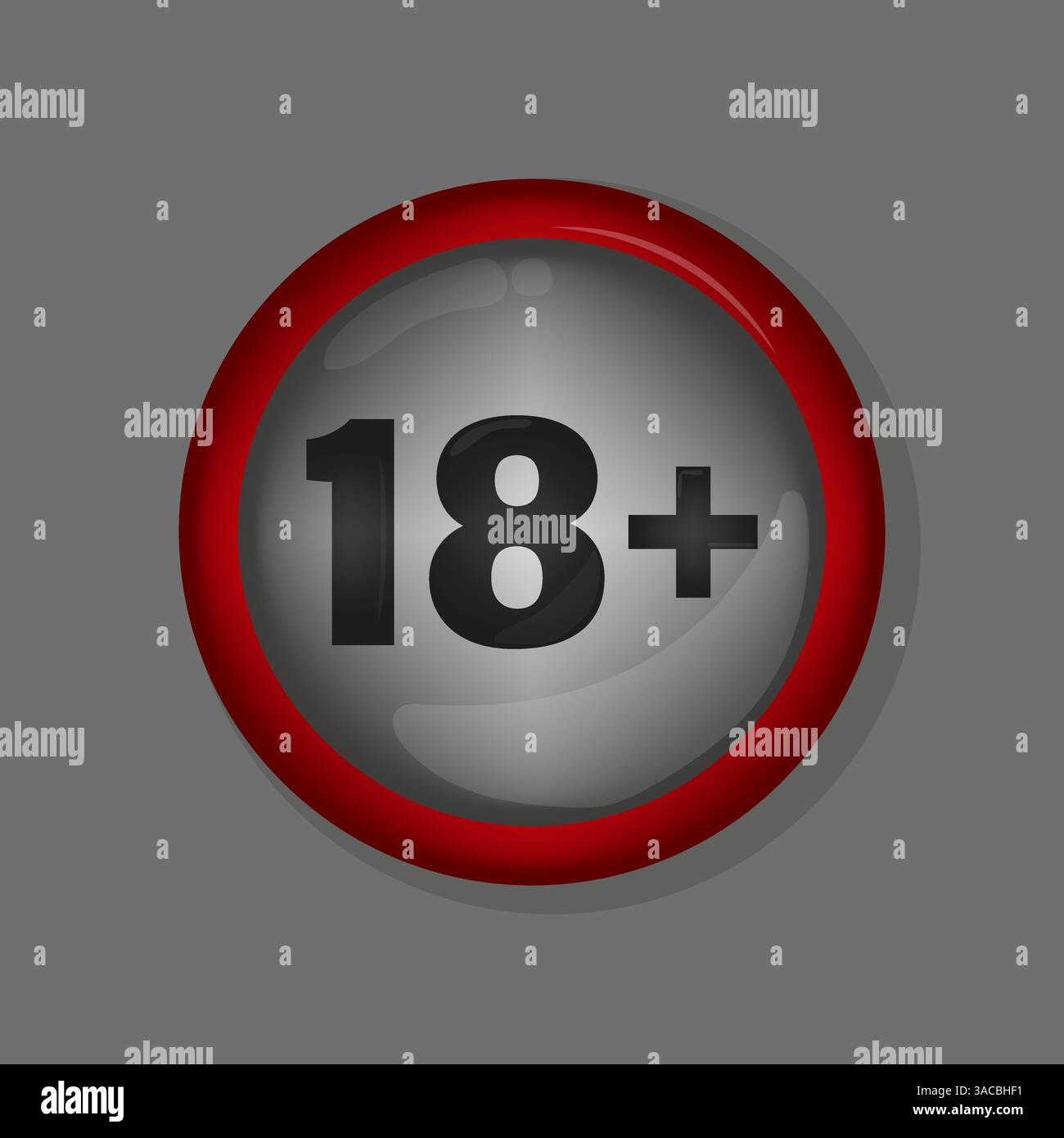 Red circle emblem. Eighteen plus text. Vector adult label. Grey caution ...