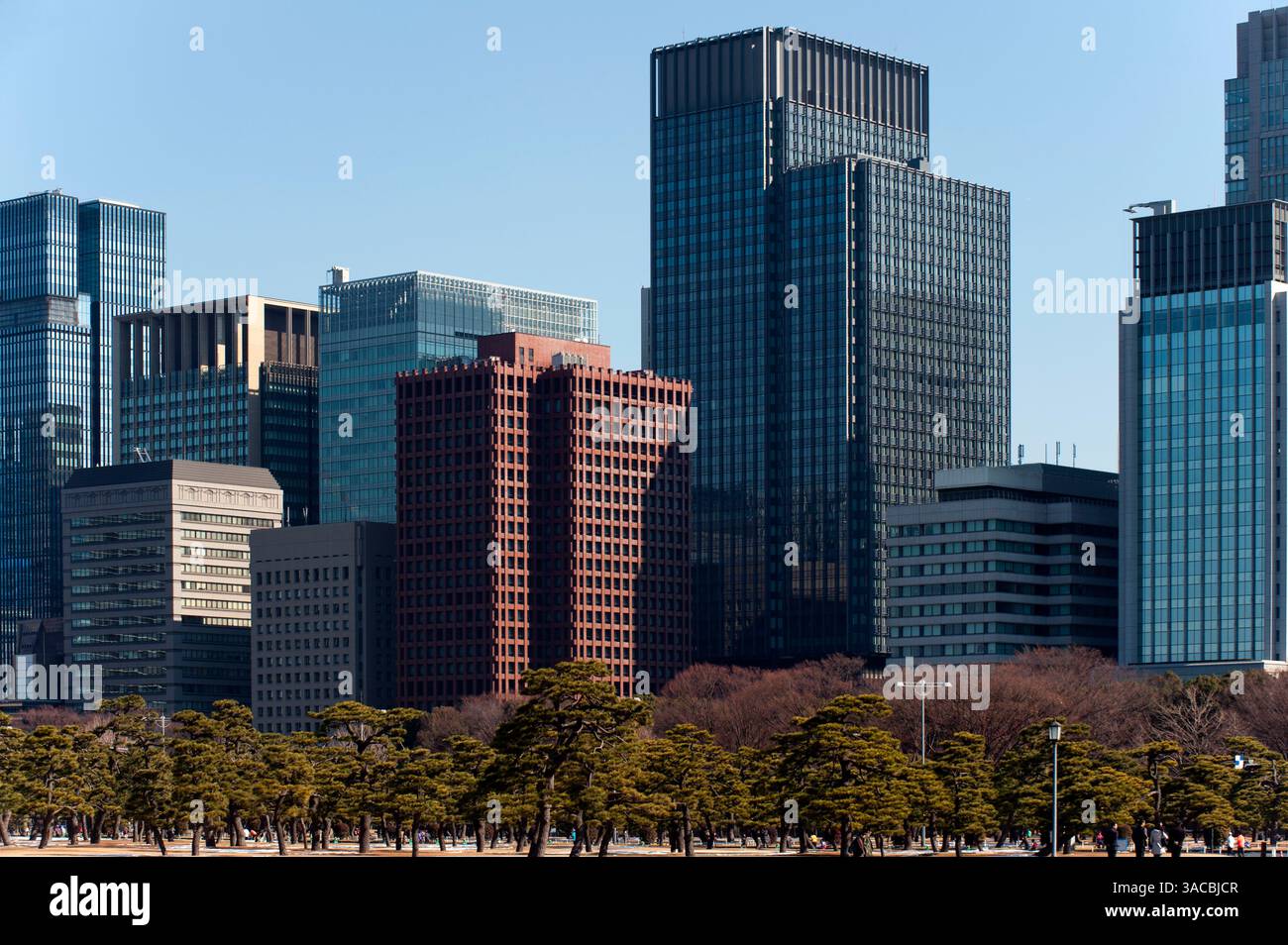 View from the Imperial Palace National Garden of the skyscraper office ...