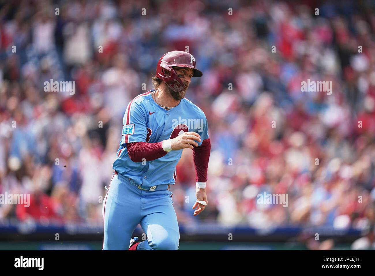 Philadelphia Phillies' Bryce Harper in action during a baseball game, Thursday, April 3, 2025 ...