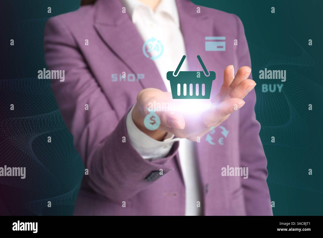 Online store. Woman holding virtual shopping basket icon on teal ...