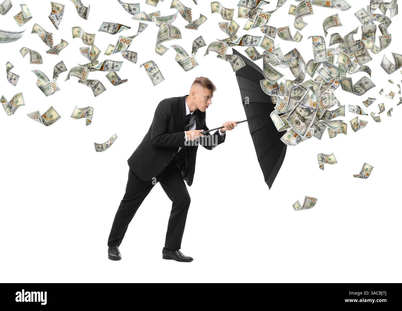 Businessman with umbrella defending from money rain on white background ...