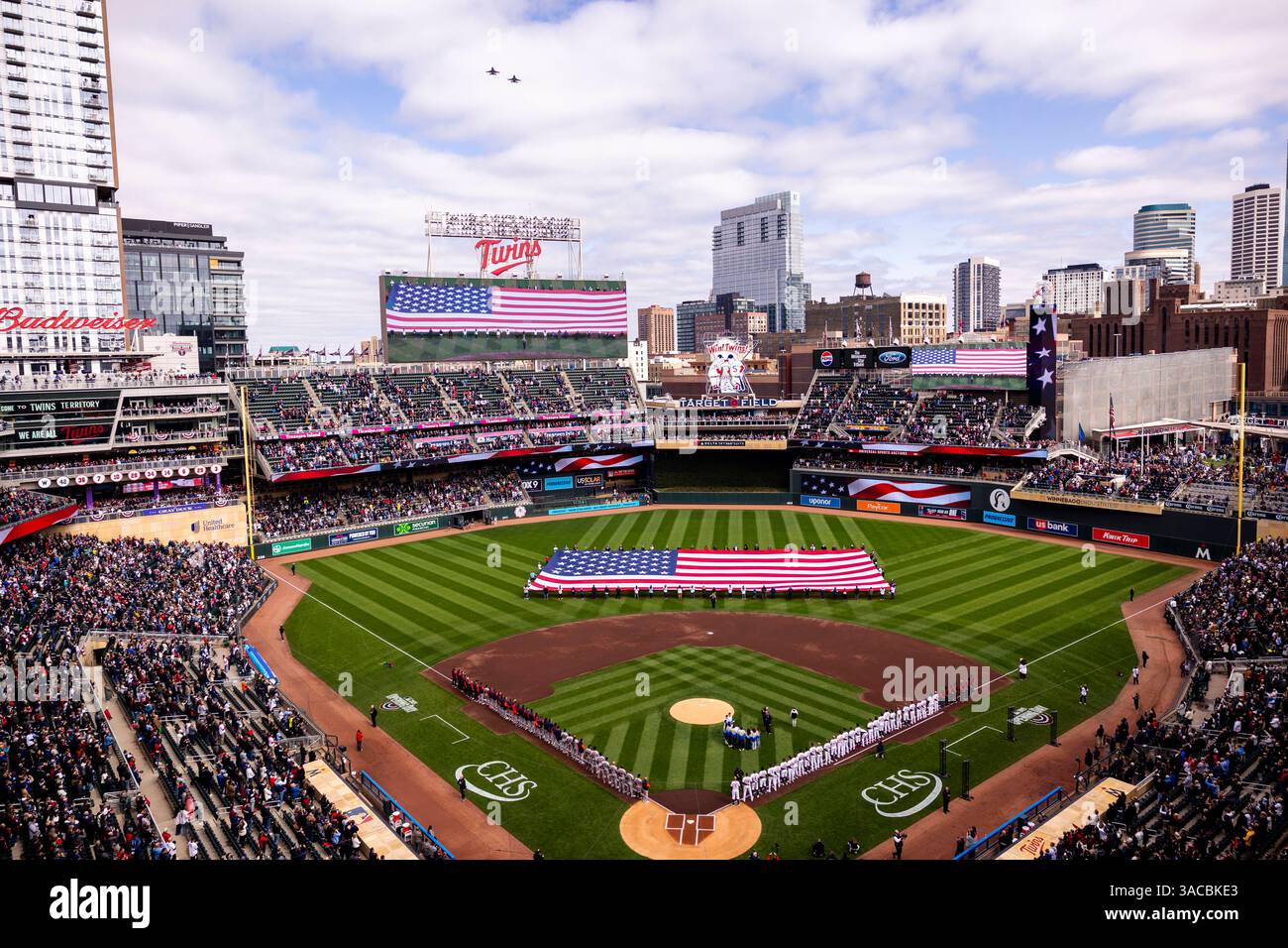 St. Paul, Minnesota, USA. 3rd Apr, 2025. Two F16's fly over Target ...
