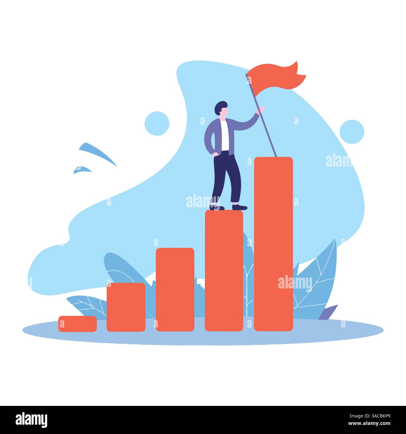 Businessman Climbing Growth Bar Graph to Plant Winning Flag. Flat ...