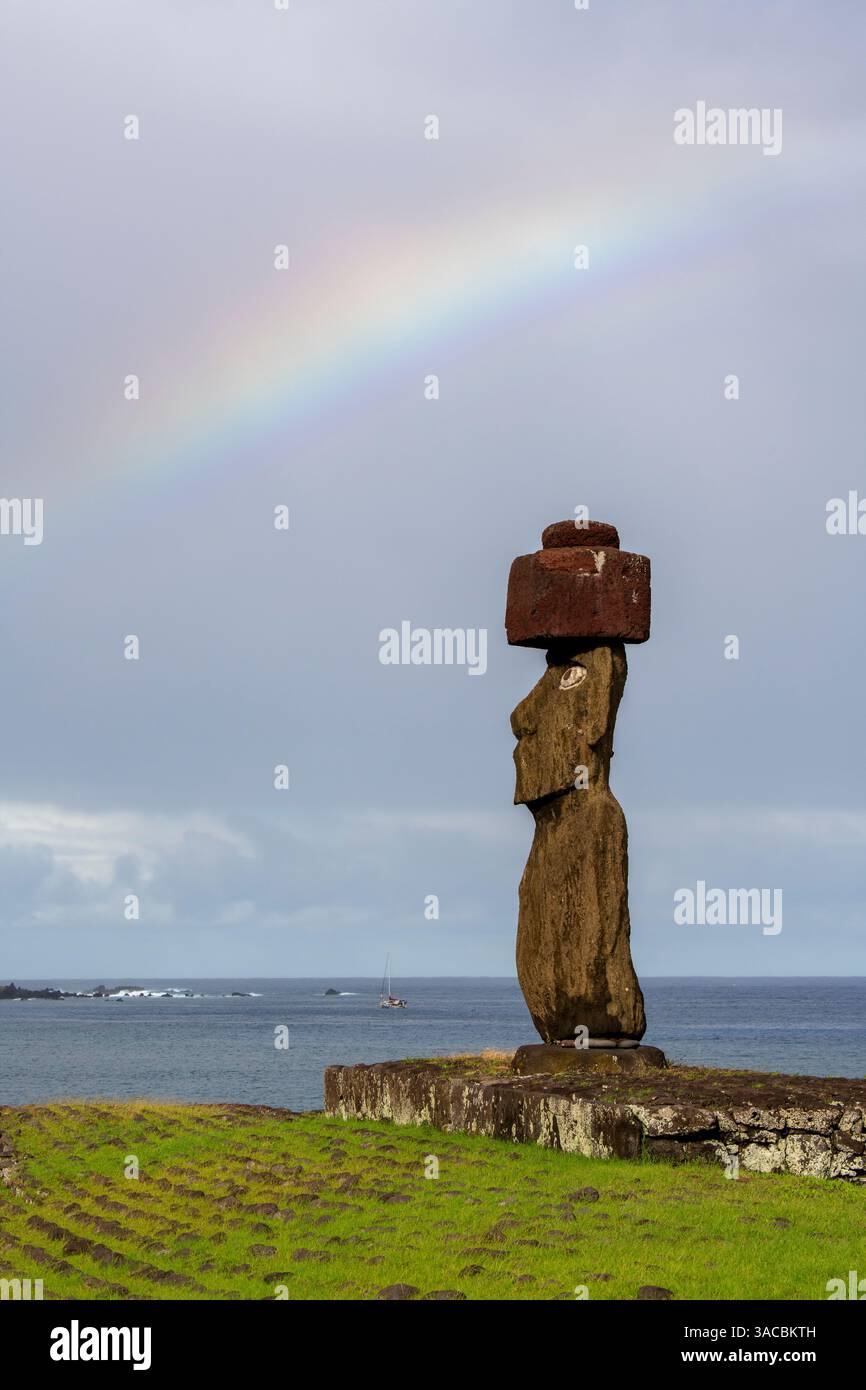 Chile, Easter Island, aka Rapa Nui, Ahu Tahai. Moai with rainbow ...