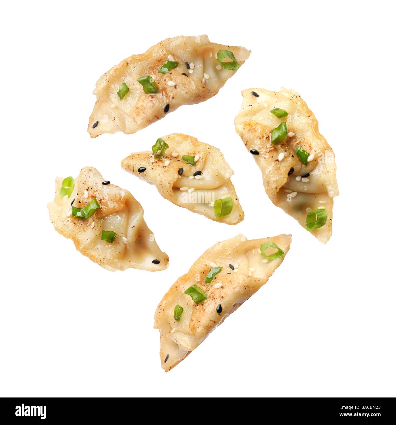 Tasty fried gyoza (dumplings) with green onion falling on white ...
